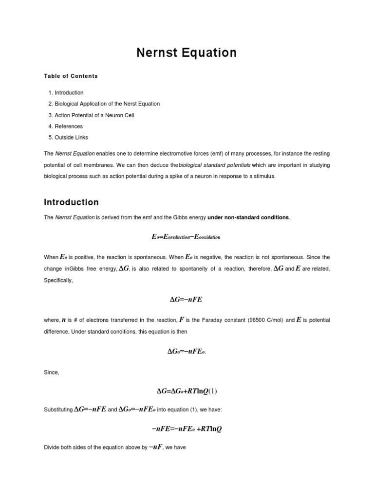Nernst Equation: Table of Conten Ts | PDF | Chemical Reactions ...