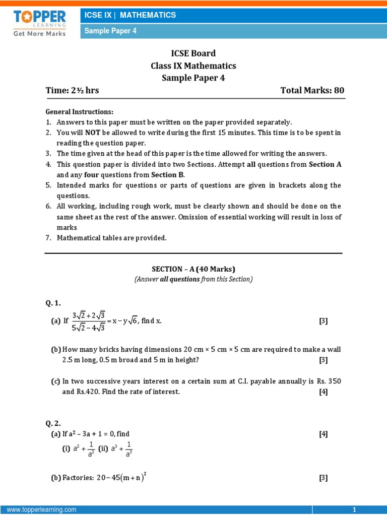 ICSE Board Class IX Mathematics Sample Paper 4 Time: 2 Hrs Total Marks ...