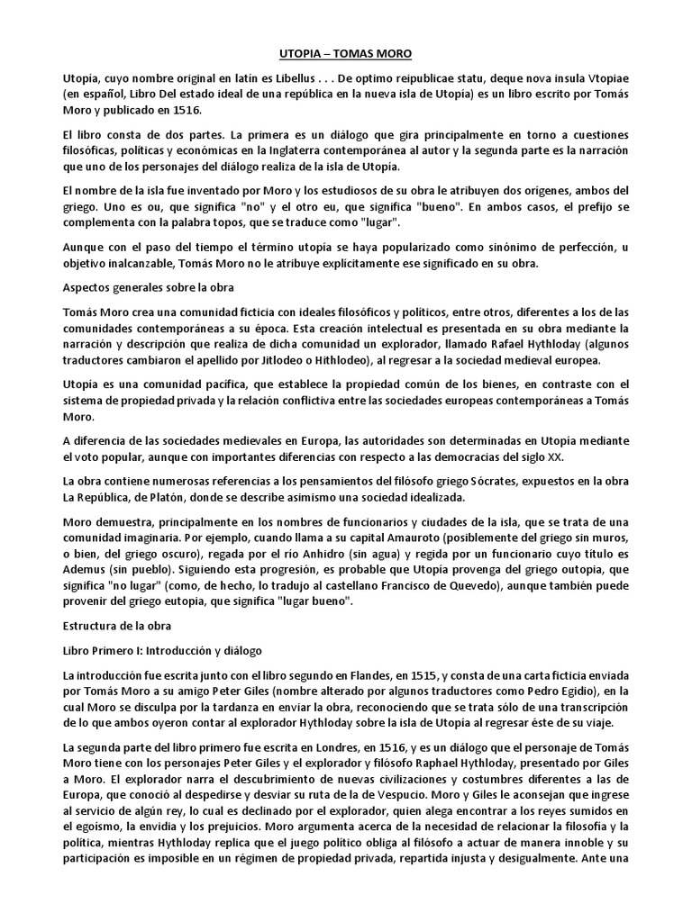 Resumen "Utopia" - Tomas Moro | Utopía (Libro)