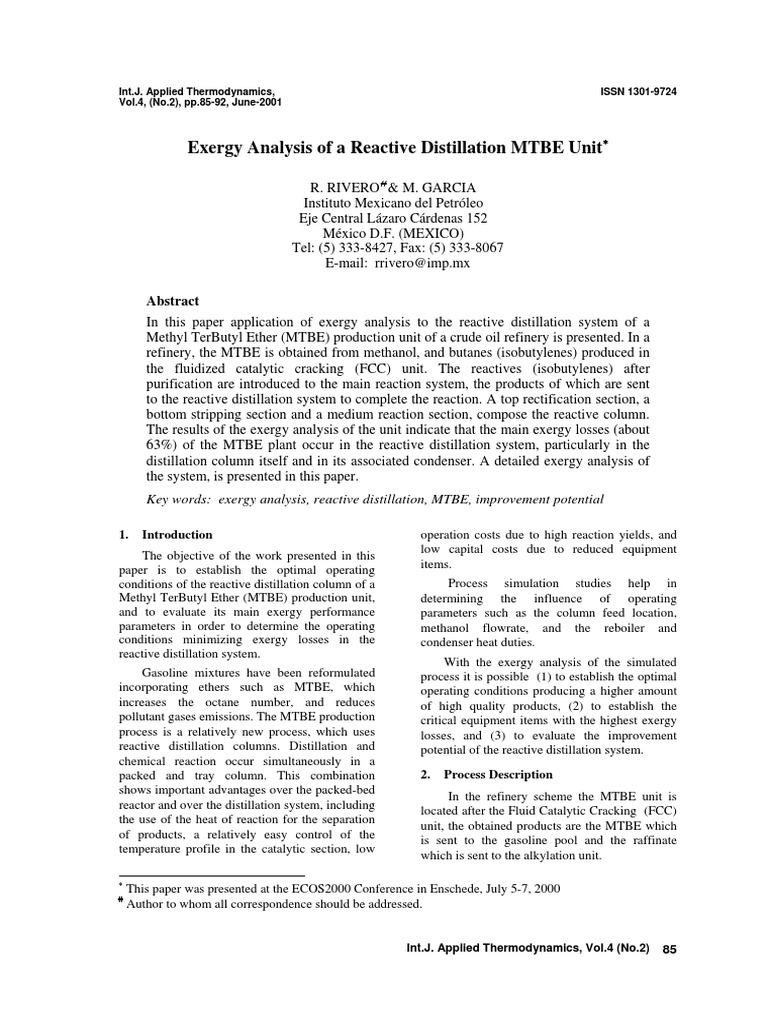 Exergy Analysis of A Reactive Distillation MTBE Unit | PDF | Exergy ...