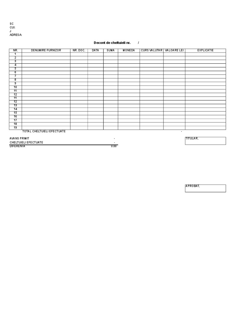 Decont de Cheltuieli Nr. /: Cui: J Adresa | PDF