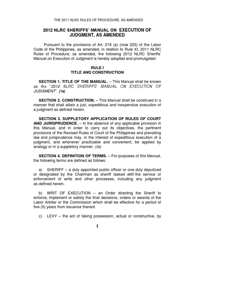 2012 NLRC Sheriffs' Manual On Execution of Judgment, As Amended | PDF ...