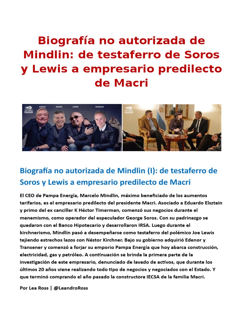 Biografía No Autorizada de Mindlin: de Testaferro de Soros y Lewis A ...