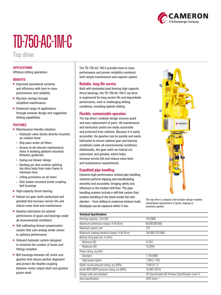Top Drive 750 Product Sheet | PDF | Transmission (Mechanics) | Elevator
