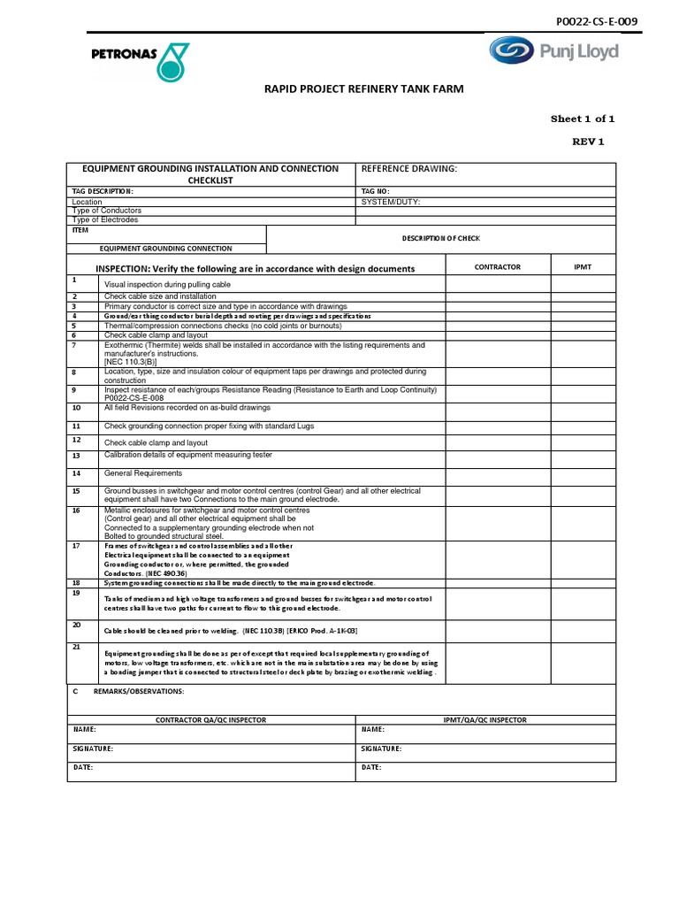 Sheet 1 of 1 Rev 1 Equipment Grounding Installation and Connection ...