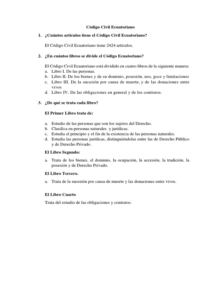 Estructura del Código Civil Ecuatoriano | PDF | Propiedad | Voluntad y ...