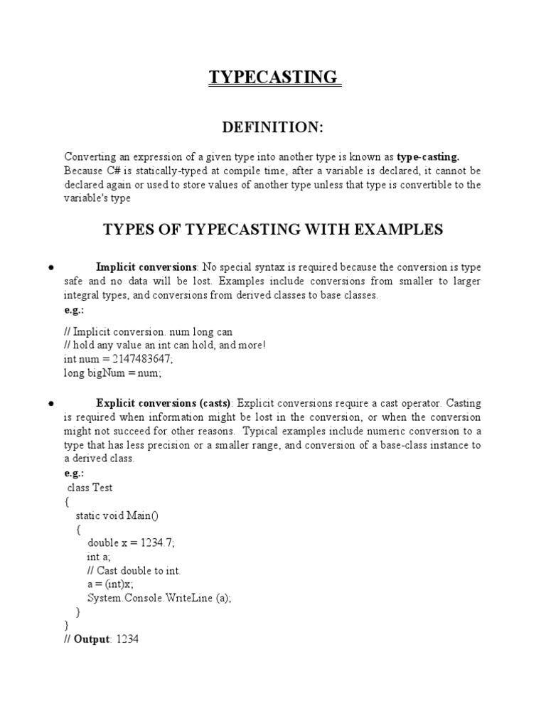Typecasting | PDF | Integer (Computer Science) | C Sharp (Programming ...