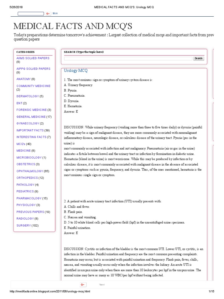 Urology MCQs: Key Medical Facts | PDF | Urinary Tract Infection ...