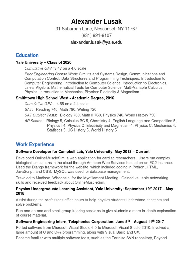 Alex Lusak Resume | PDF | Sat | Physics