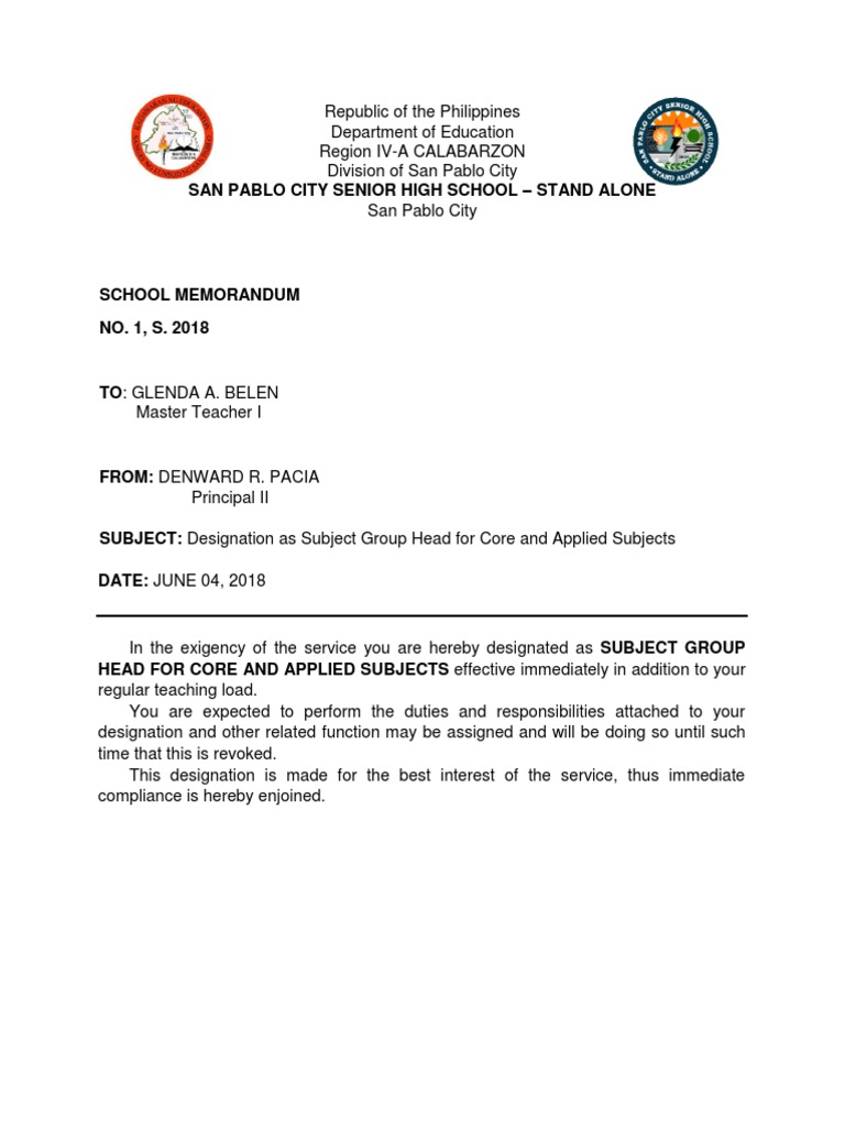 Designation Memos for School Staff | PDF | Social Institutions | Social ...