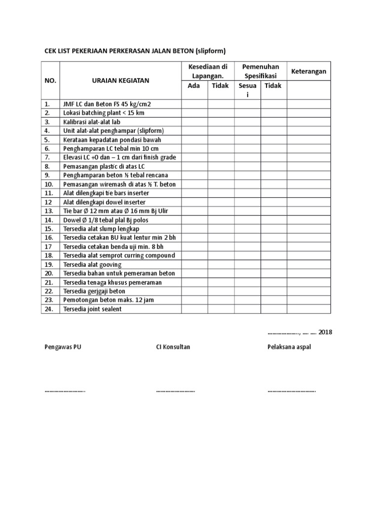 Cek List Pekerjaan Perkerasan Jalan Beton (Slip-Form) | PDF