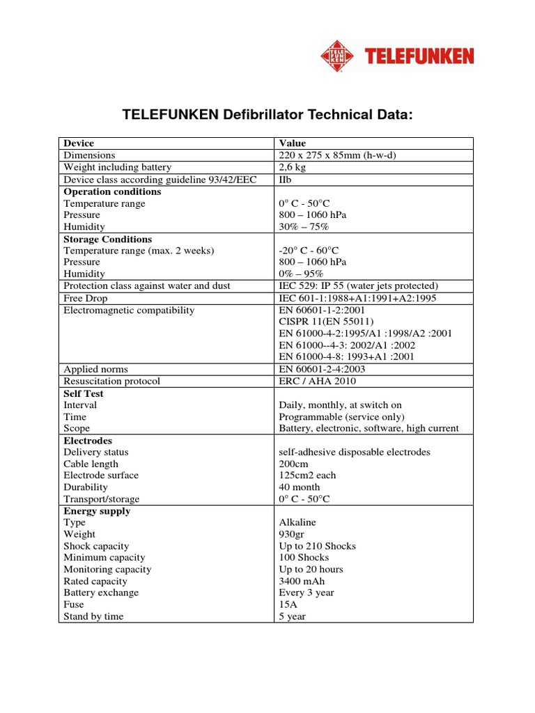 Technical Data Telefunken AED 2012 UK | PDF | Artificial Cardiac ...