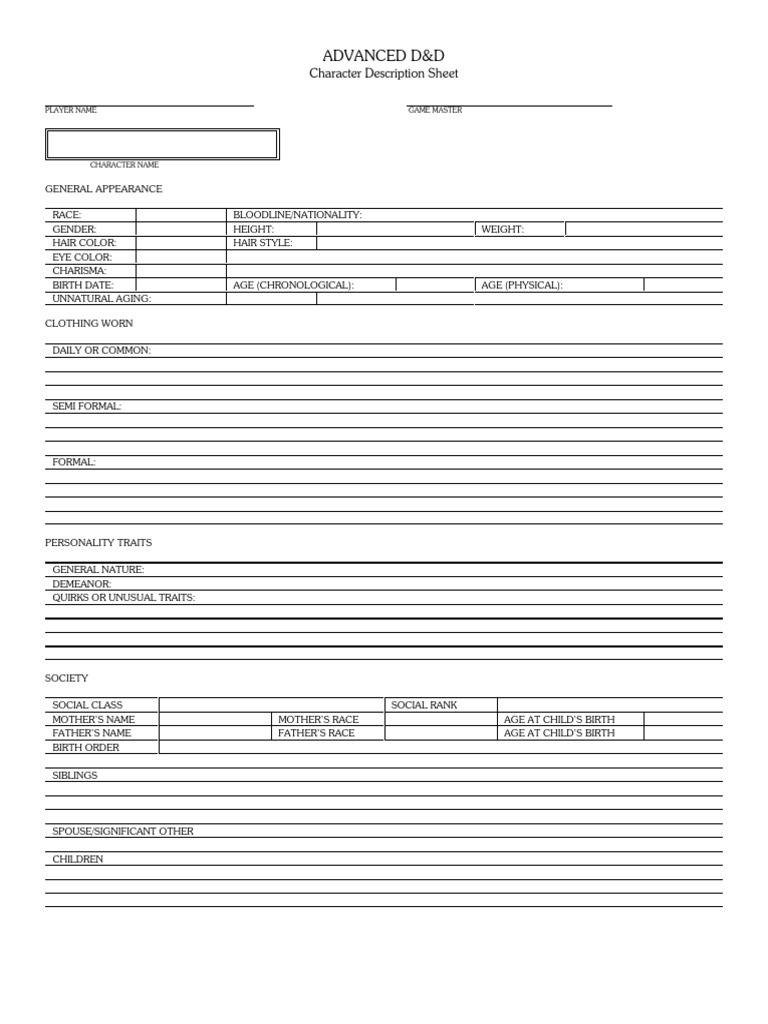 Advanced D&D: Character Description Sheet | PDF | Role Playing Games ...