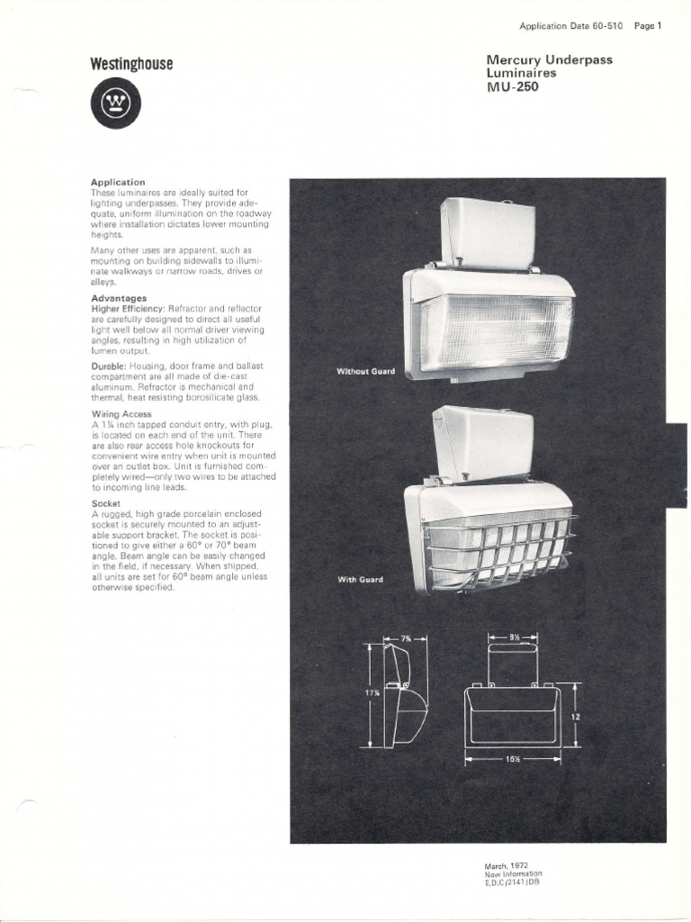 Westinghouse Lighting MU-250 Series Mercury Underpass Spec Sheet 3-72 ...