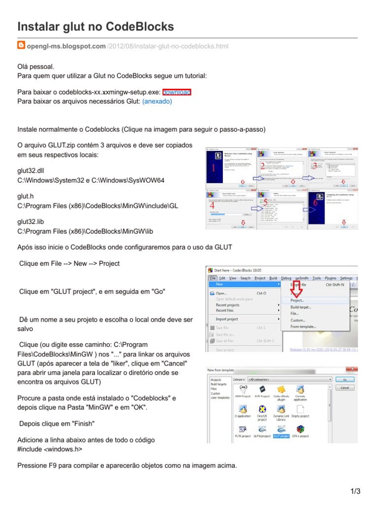 Como Instalar Glut No CodeBlocks | PDF | Jogos e Atividades | Computadores