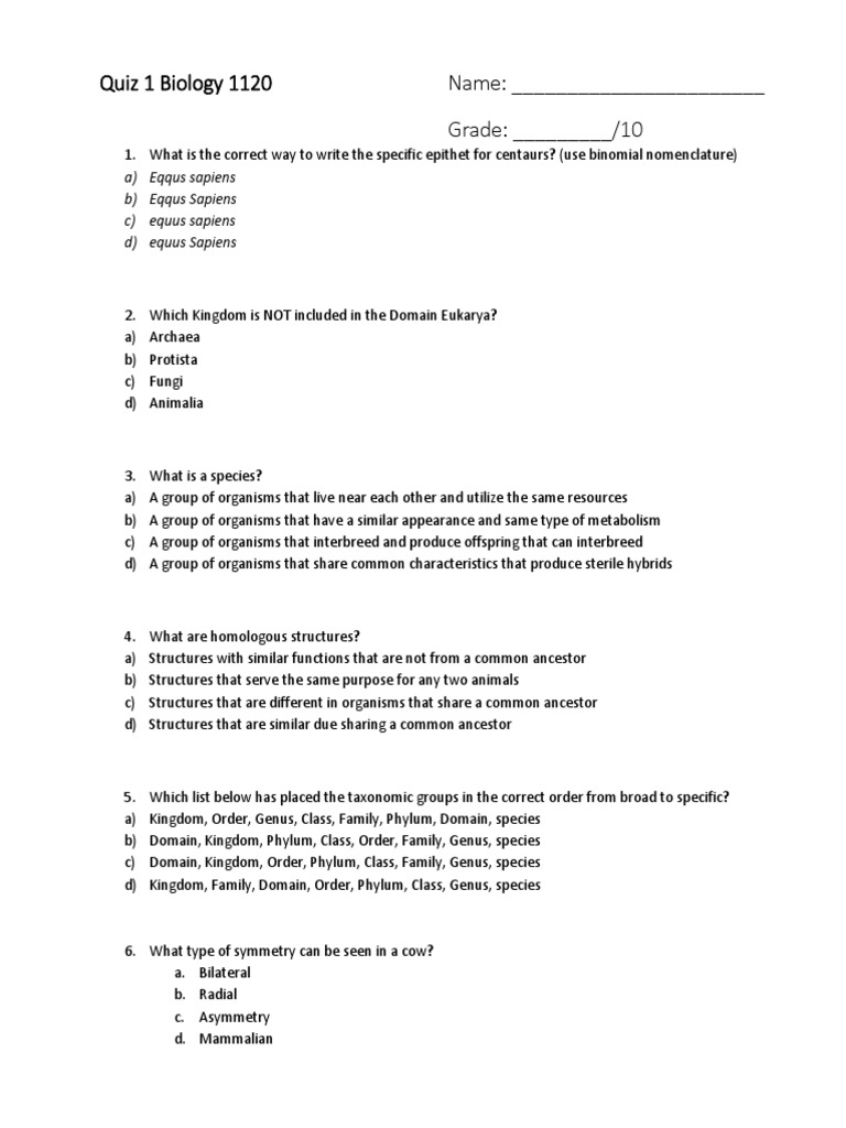 Quiz 1 Phylogenetic Trees and Animal Basics | PDF | Organisms | Species