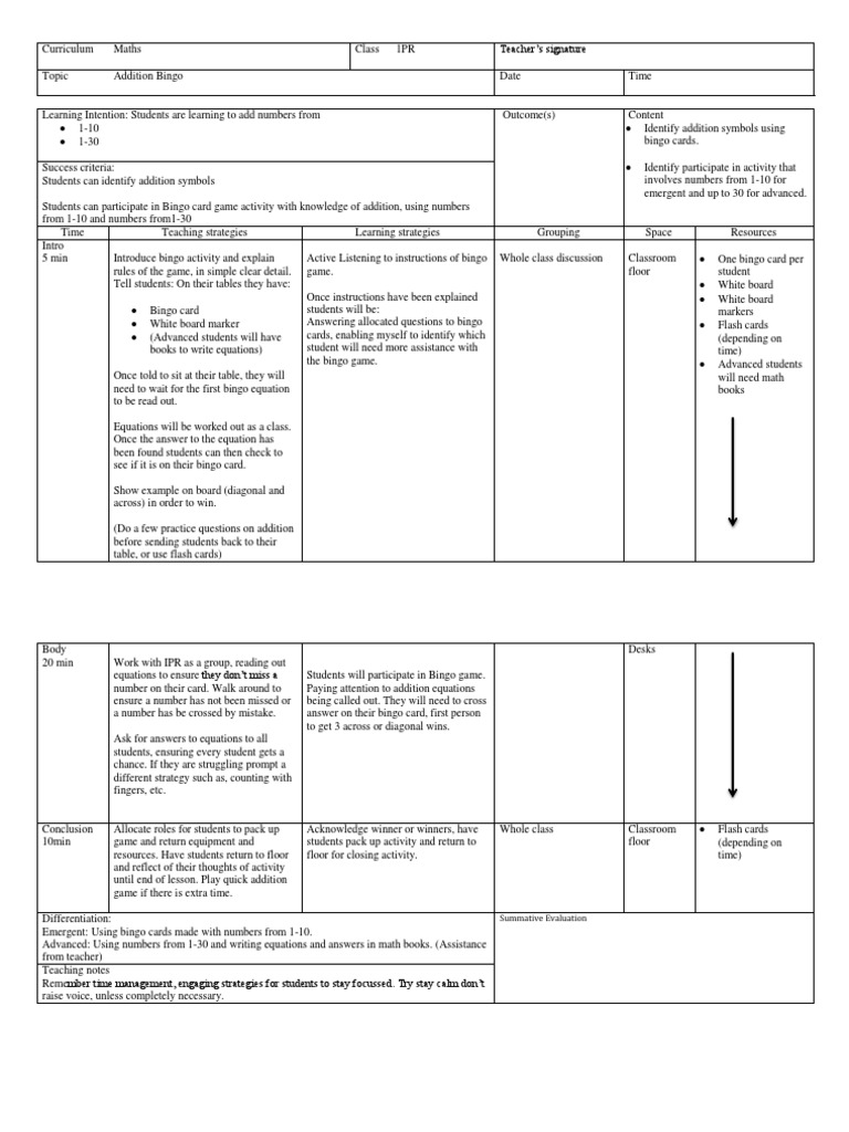 Addition Bingo Lesson Plan | PDF | Teachers | Curriculum