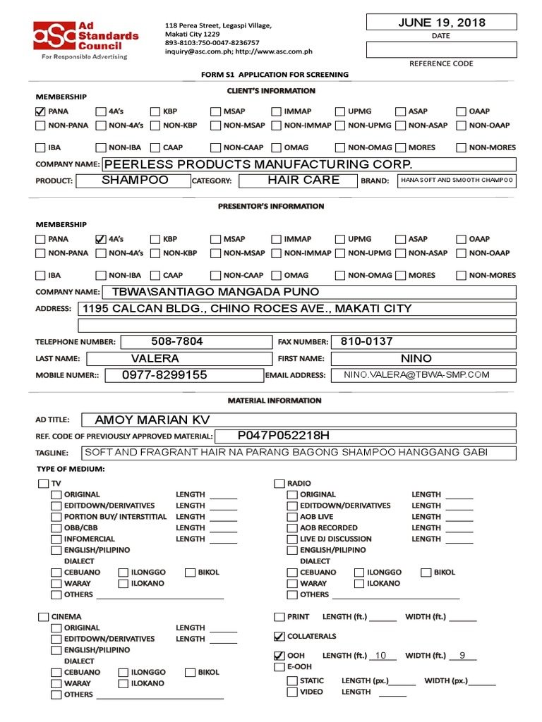 S1 Form Application for Screening | PDF | Advertising | Communication ...