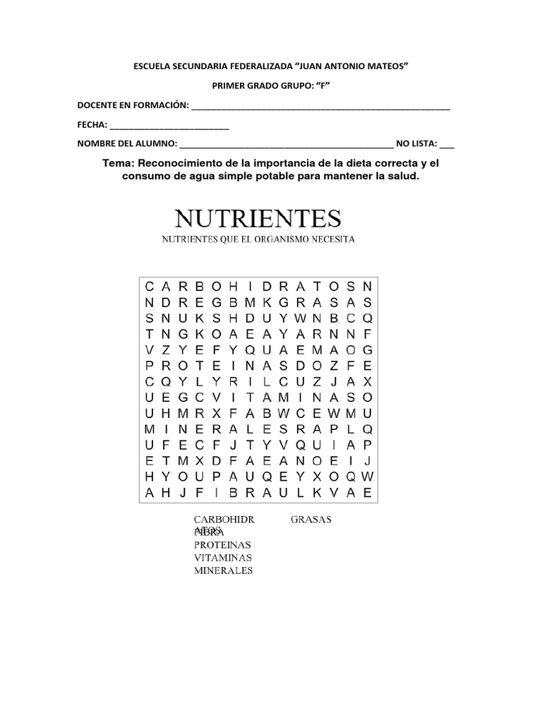Sopa de Letras Nutrientes