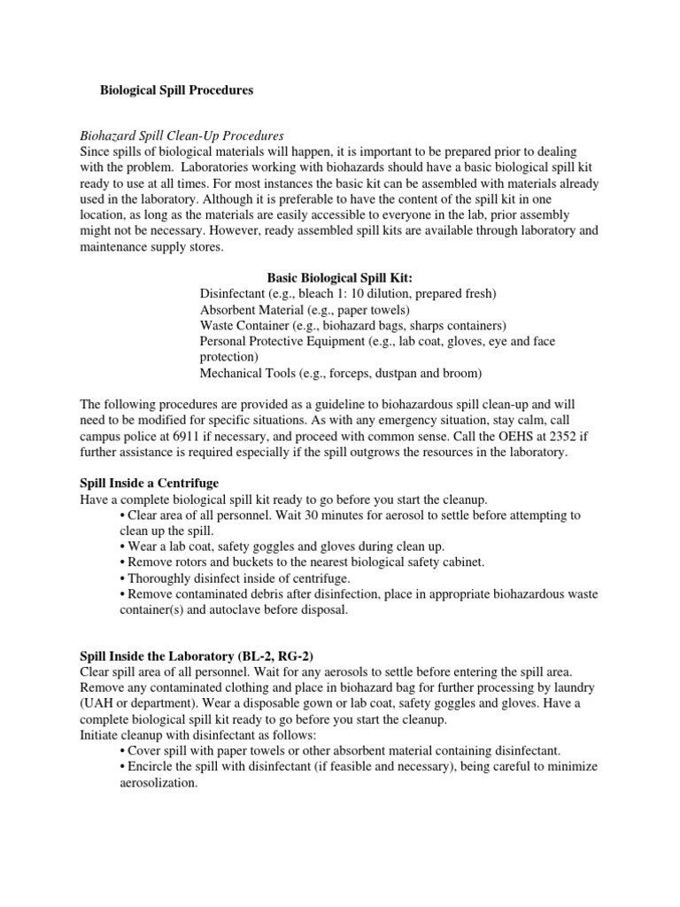 Biological Spill Clean-Up Procedures | PDF | Disinfectant | Laboratories