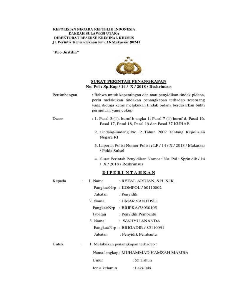 Surat Perintah Penangkapan Tersangka | PDF