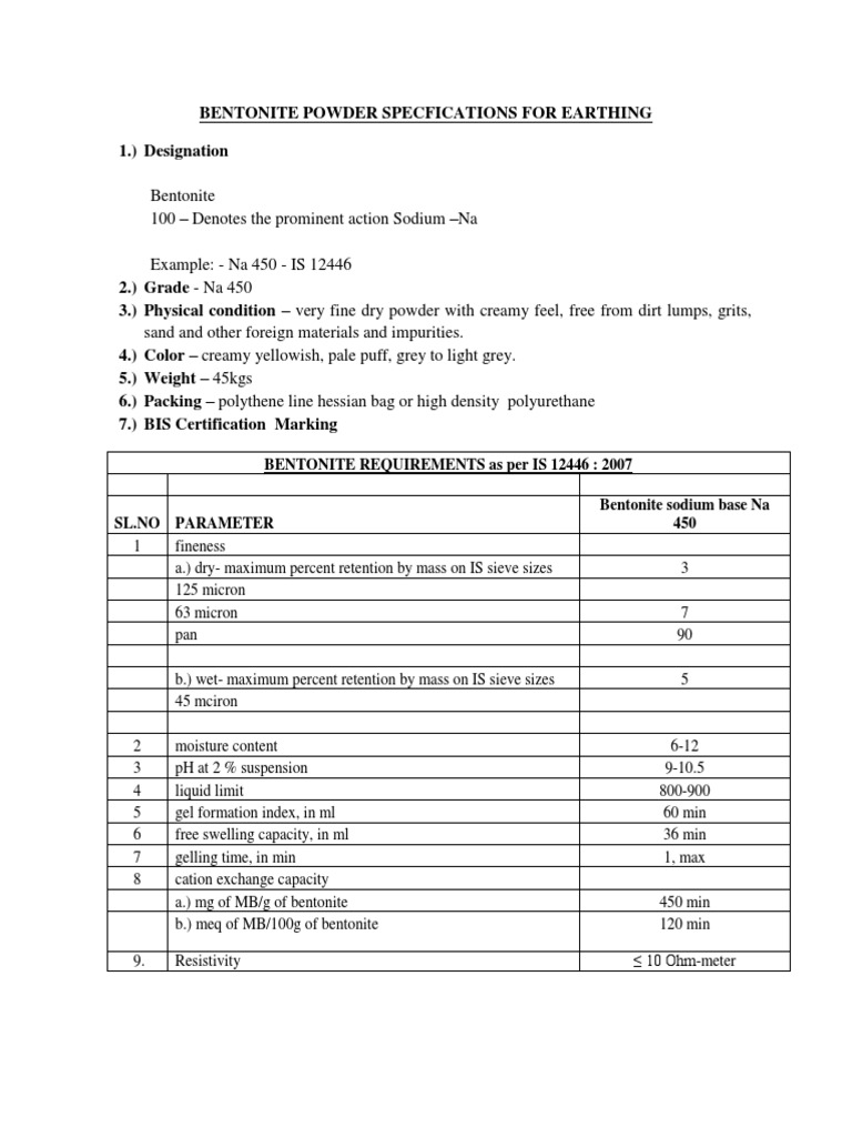 Bentonite Powder Specifications for Earthing | PDF