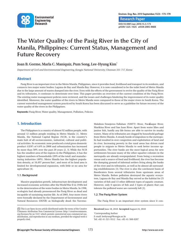 The Water Quality of The Pasig River in The City of Manila, Philippines ...