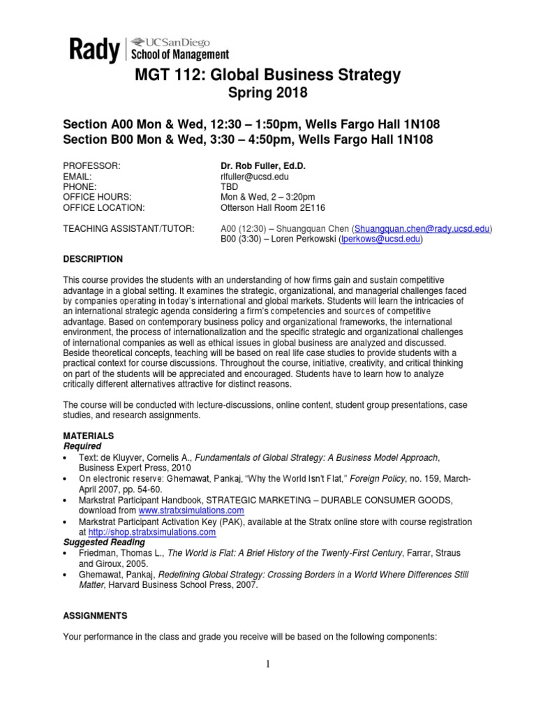 MGT 112 Syllabus S18 | PDF | Strategic Management | Simulation