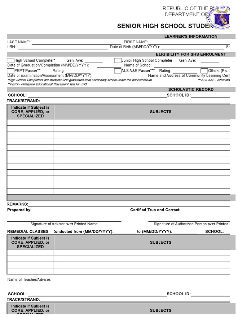 SHS Form 137 Template | Download Free PDF | Schools | Science