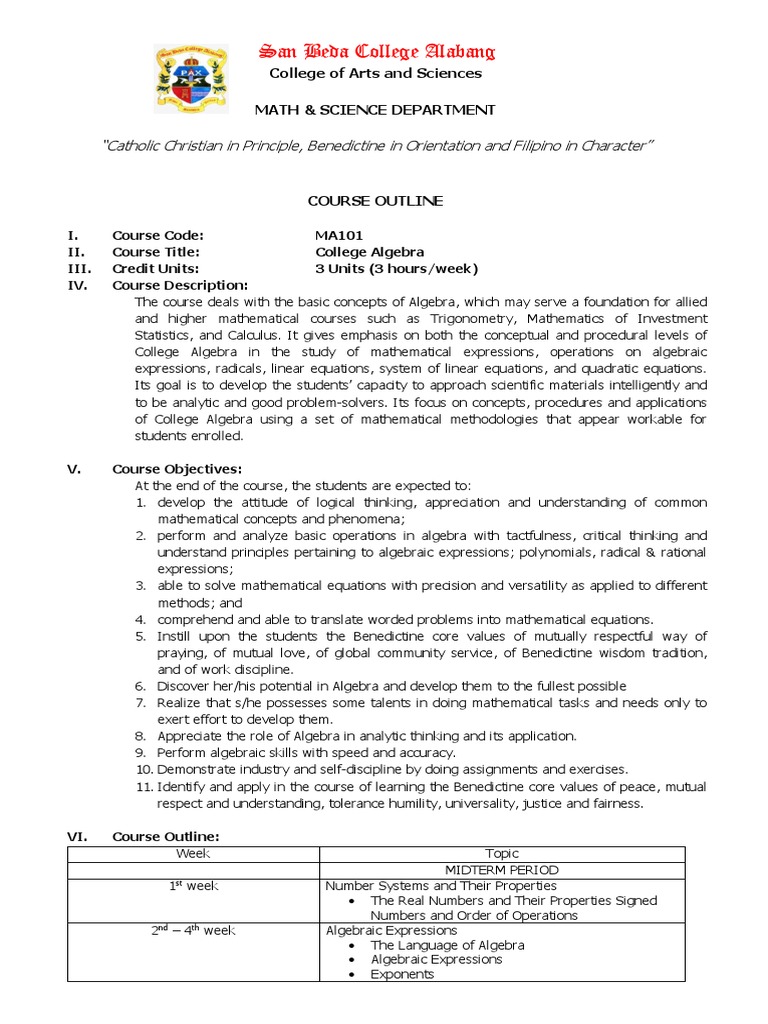 MA101 College Algebra (Course Outline) | PDF | Equations | Quadratic ...