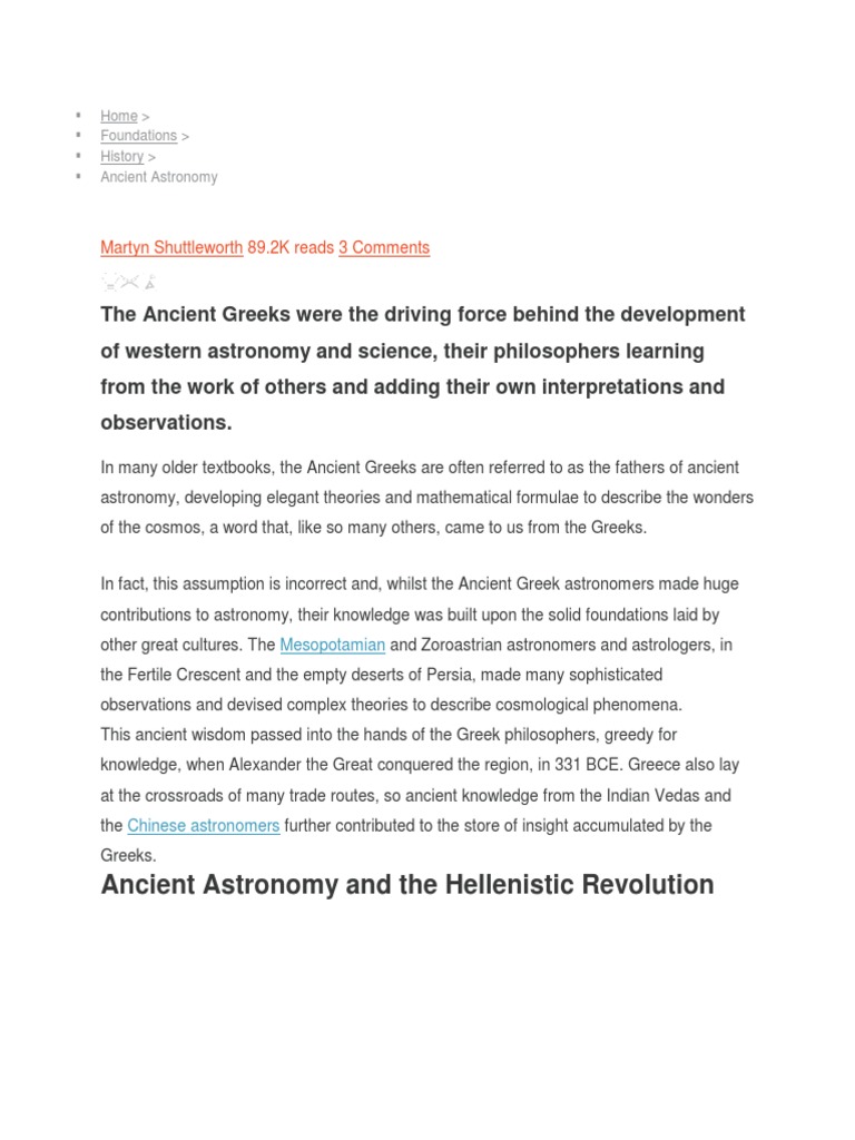 The Development of Ancient Greek Astronomy: Building upon the ...