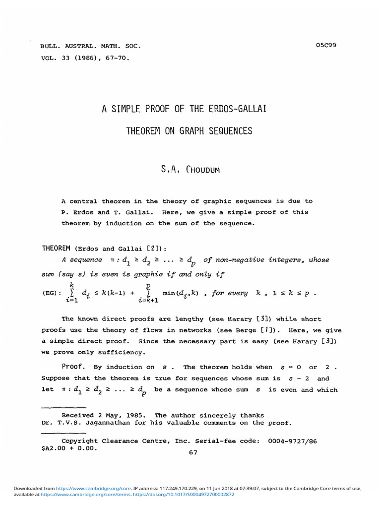 A Simple Proof of The Erdos Gallai Theorem On Graph Sequences | PDF ...