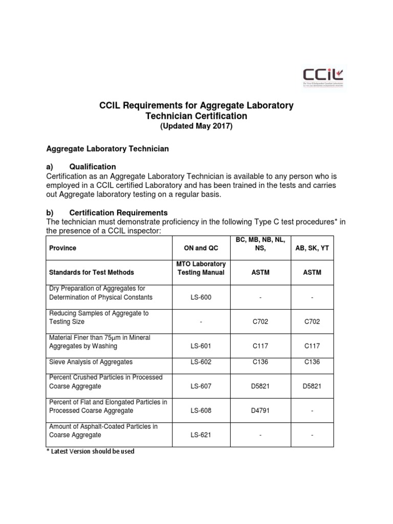 CCIL Requirements For Aggregate Laboratory Technican GL Final May 11 ...