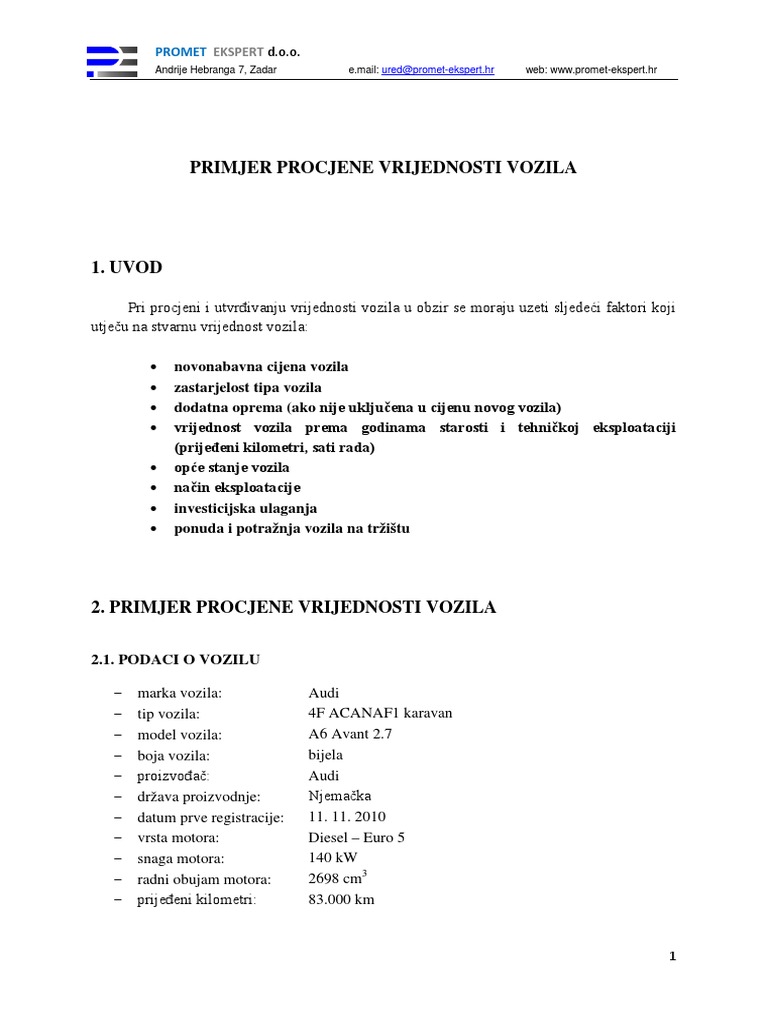 Primjer Procjene Vrijednosti Vozila | PDF