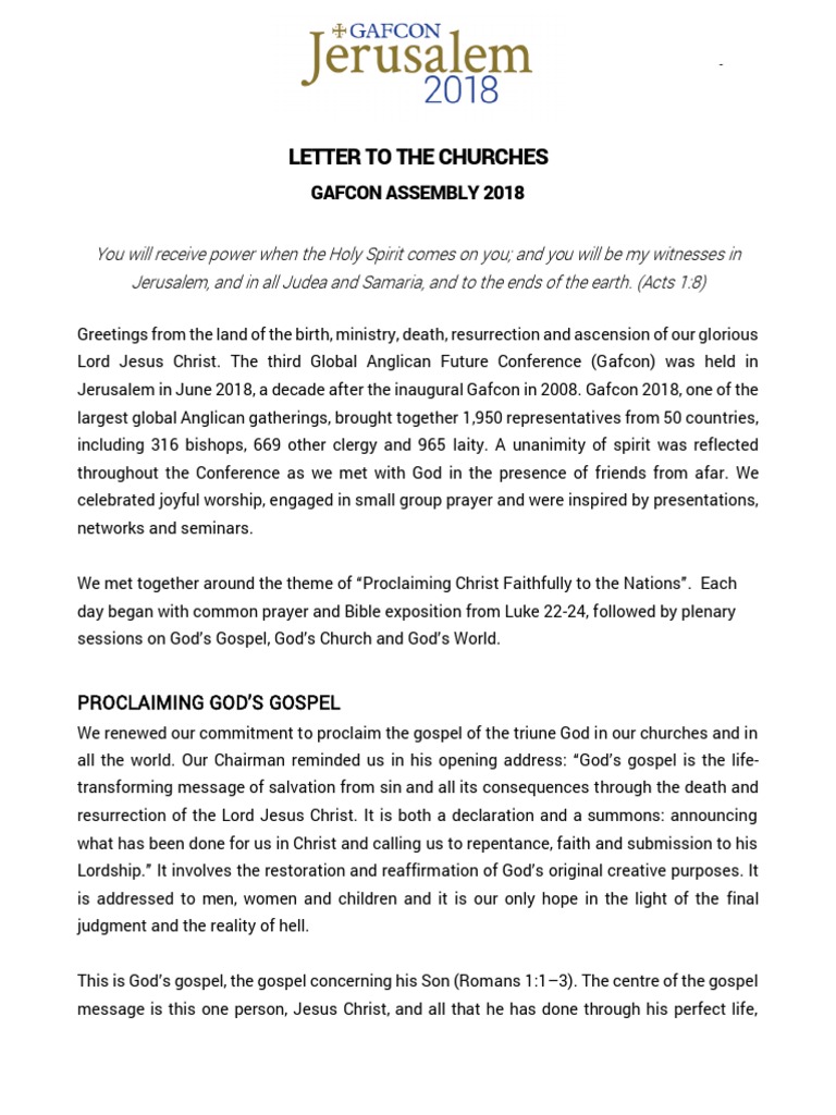 GAFCON 2018 Letter To Churches | PDF | The Gospel | Synod