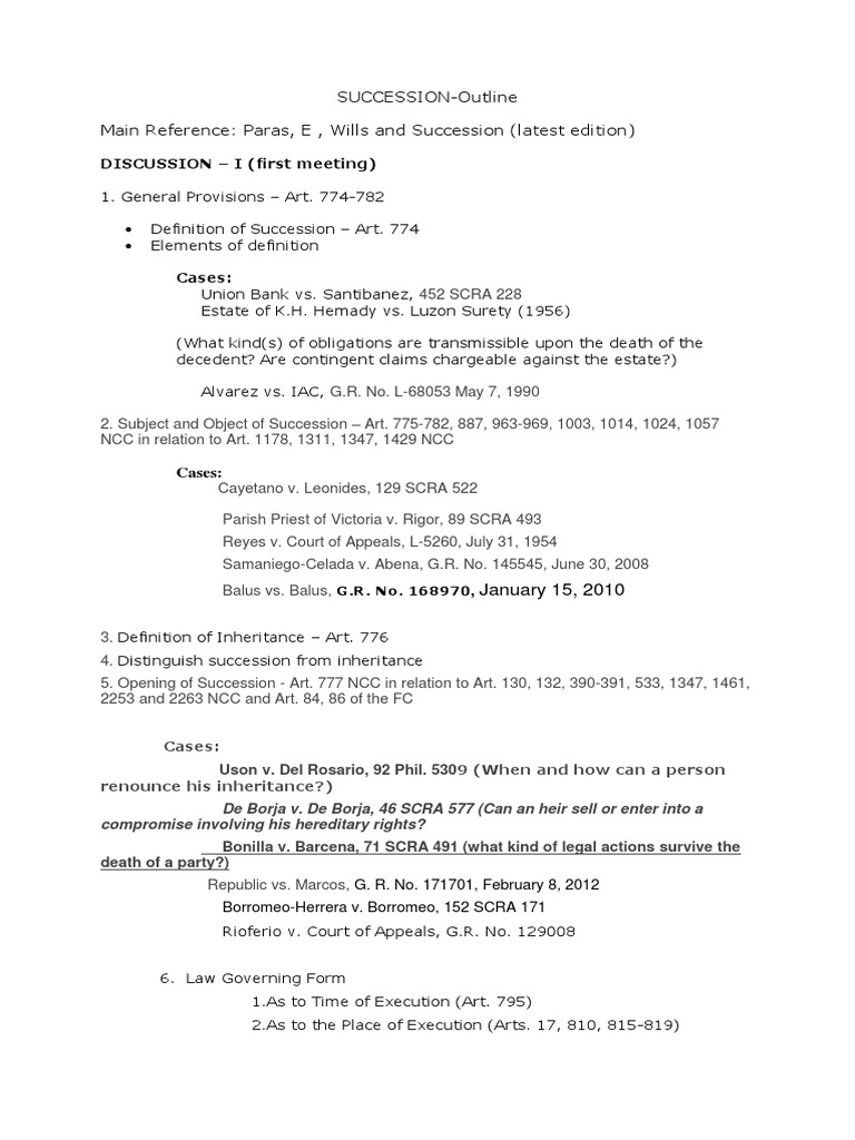SUCCESSION-Outline Main Reference: Paras, E, Wills and Succession ...