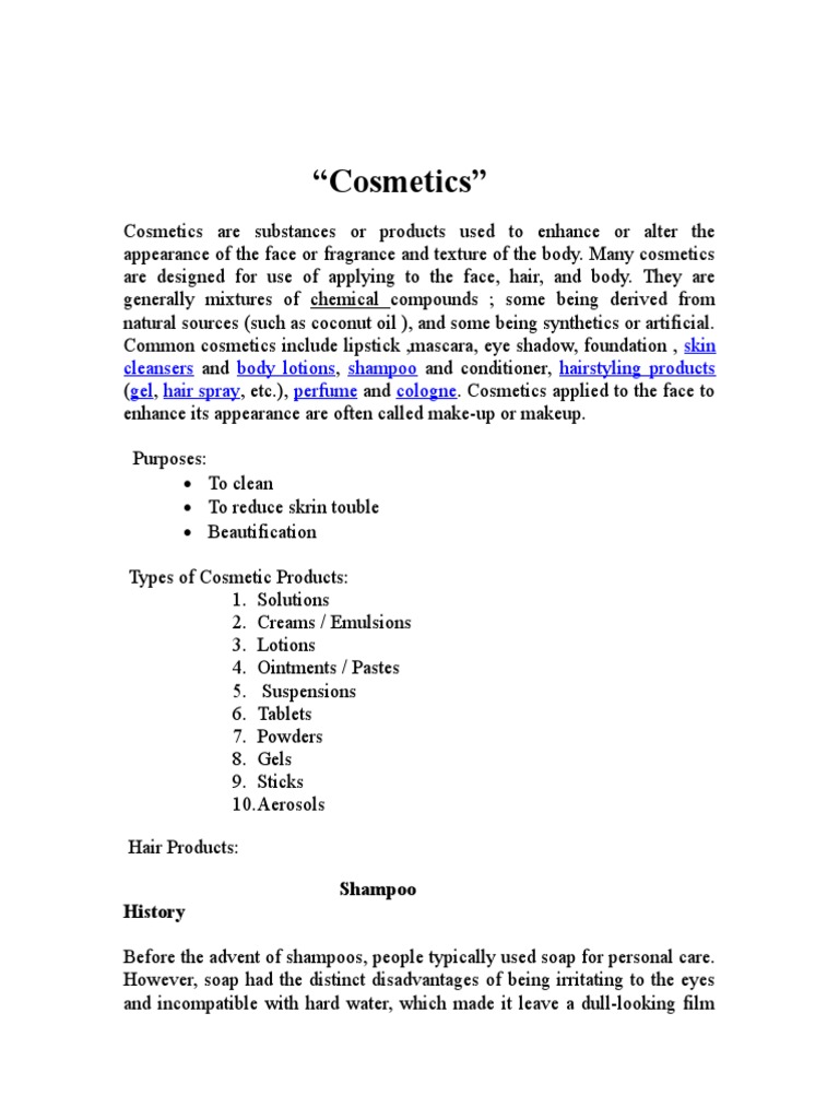 "Cosmetics": Skin Cleansers Body Lotions Shampoo Hairstyling Products ...