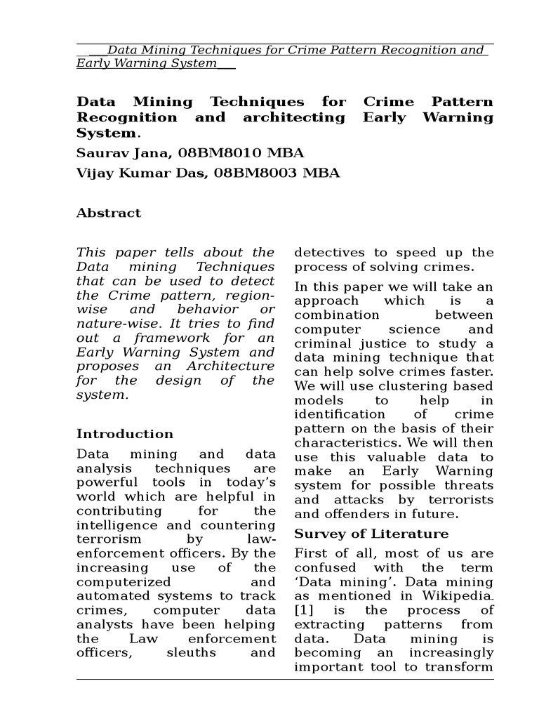 DM Techniques For Crime Pattern Recognition and Generating Early Warning System | PDF | Cluster ...