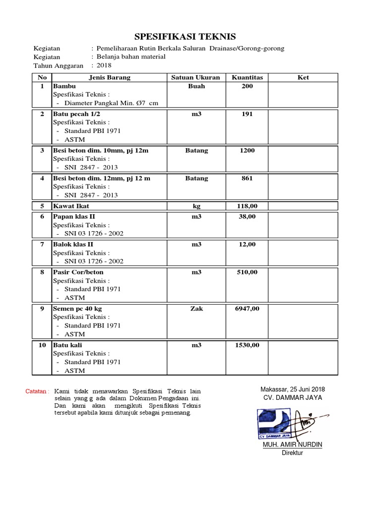Spesifikasi Teknis Pengadaan Material | PDF