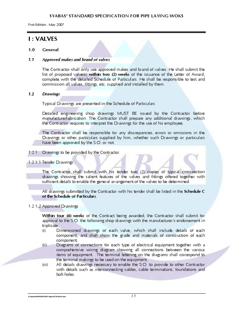 Standard Specifications for Valve Selection, Drawings, Quality ...