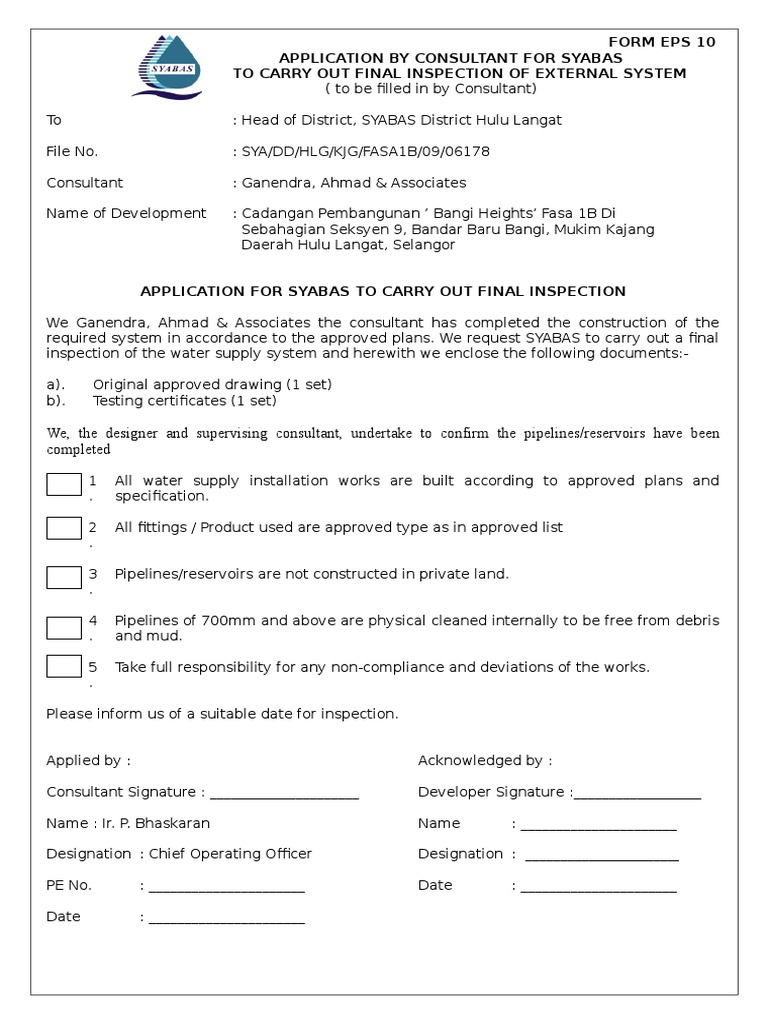Form Eps 10 Application by Consultant For Syabas To Carry Out Final ...