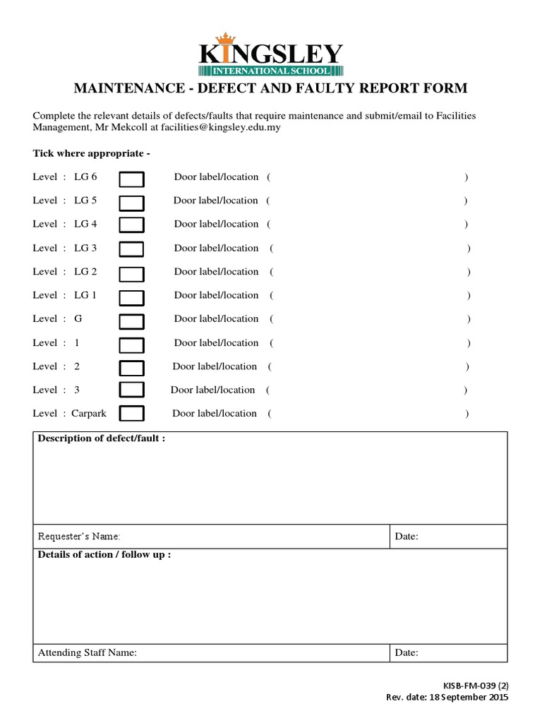 Maintenance - Defect Faulty Report Form | PDF