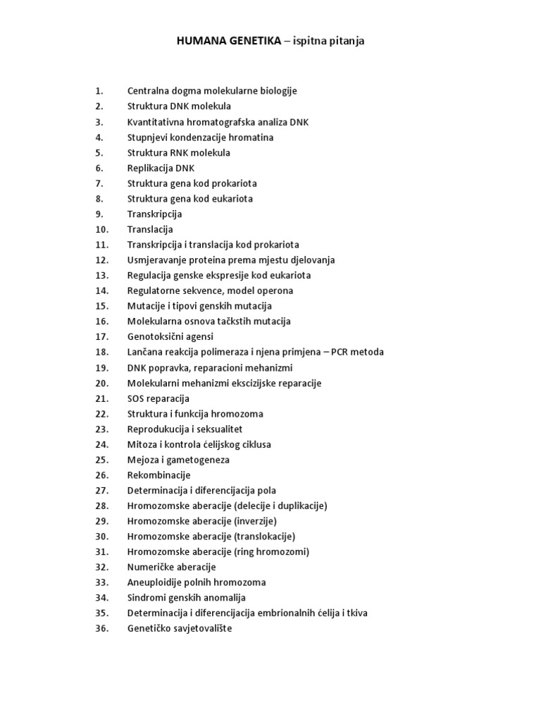 HUMANA GENETIKA - Ispitna Pitanja2 | PDF