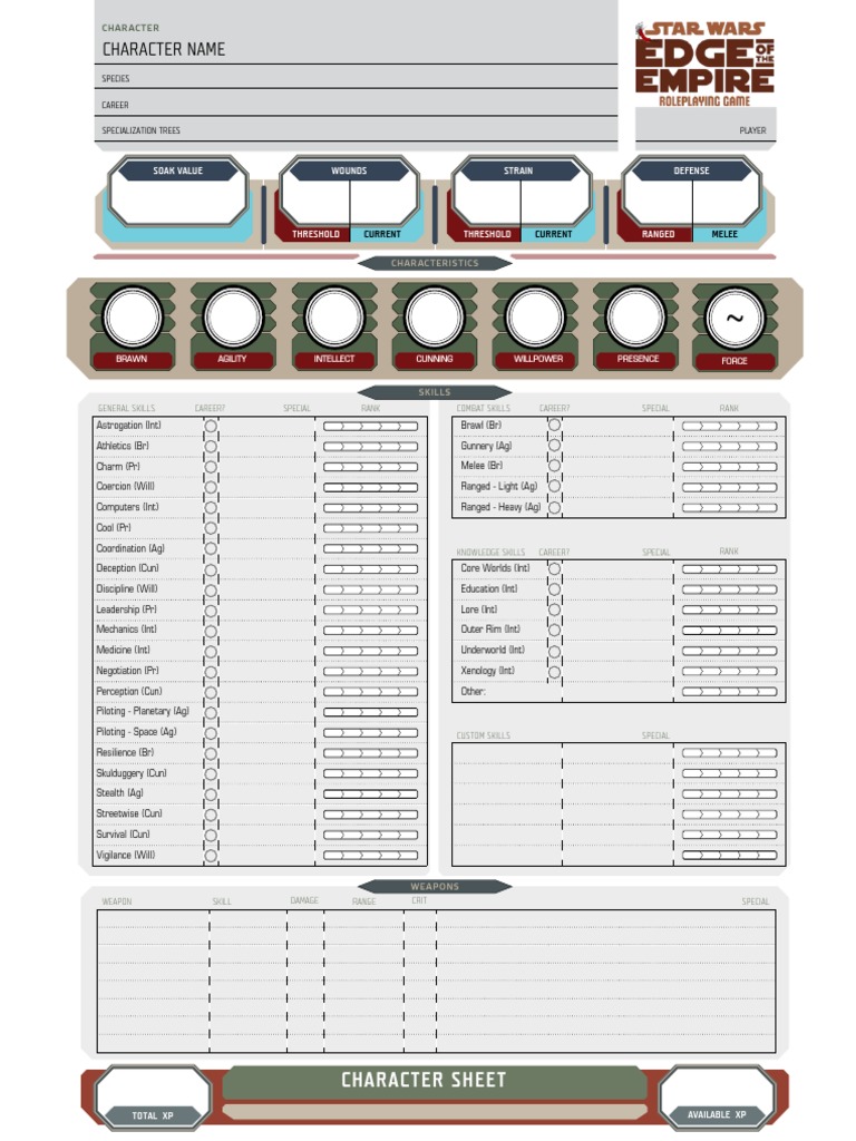 Edge of The Empire Character Sheet Form Fillable v2 | PDF | Role Playing Games | Gaming