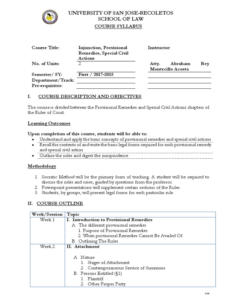 Provisional Remedies Course Syllabus | PDF | Mandamus | Injunction