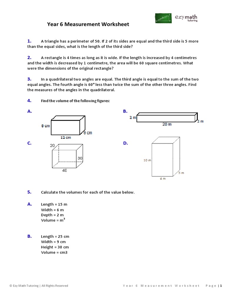 Year 6 Measurement Worksheet | PDF | Area | Volume