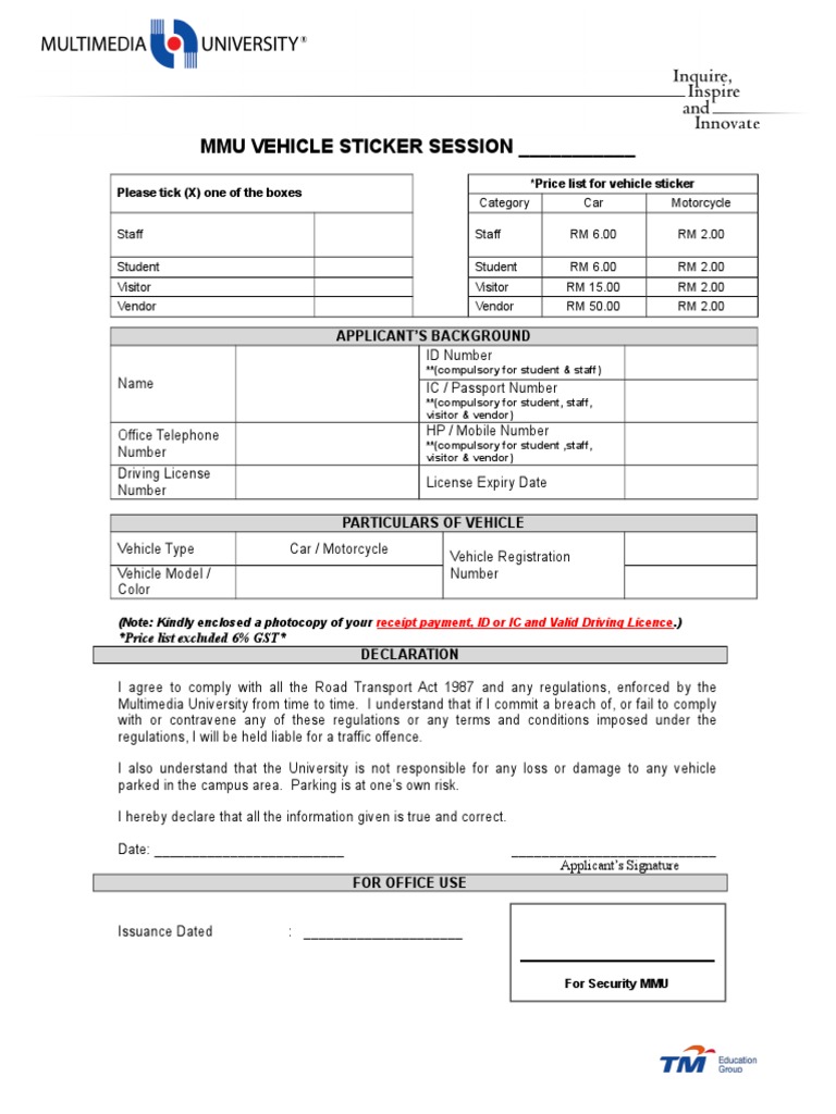 MMU Vehicle Sticker Application Form | PDF | Driver's License | Vehicles