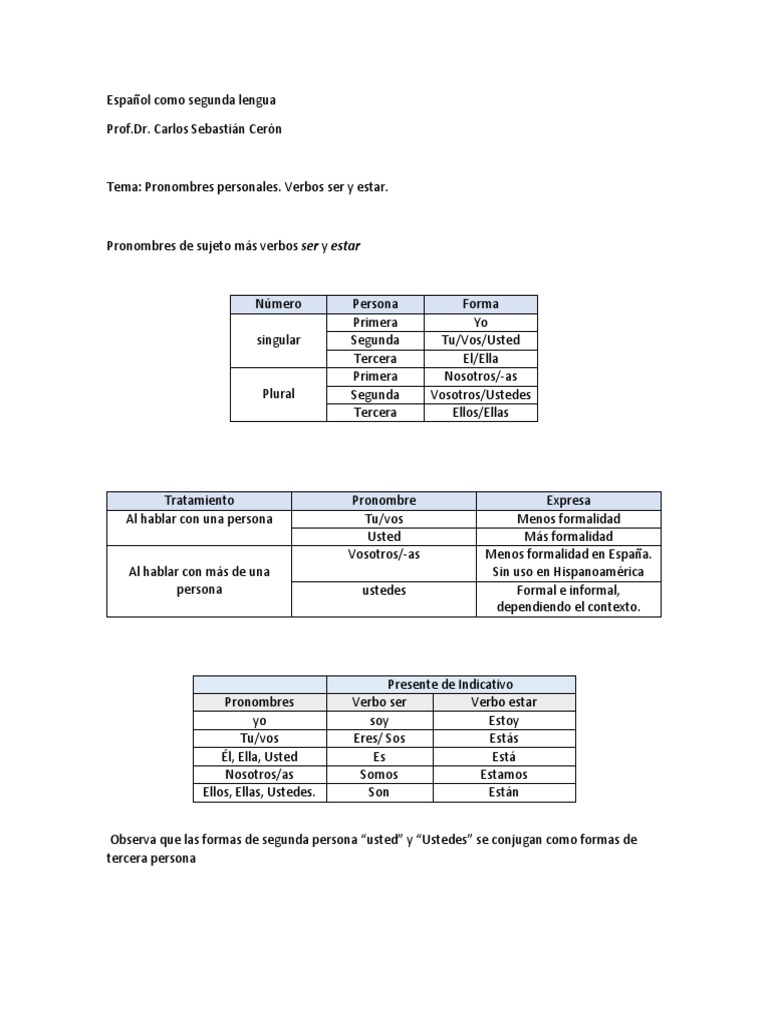 Pronombres Personales y Versbos Ser y Estar | PDF | Verbo | Pronombre