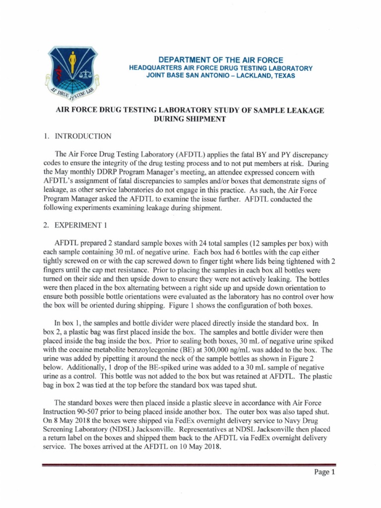 Air Force Drug Testing Laboratory Study of Sample Leakage During ...