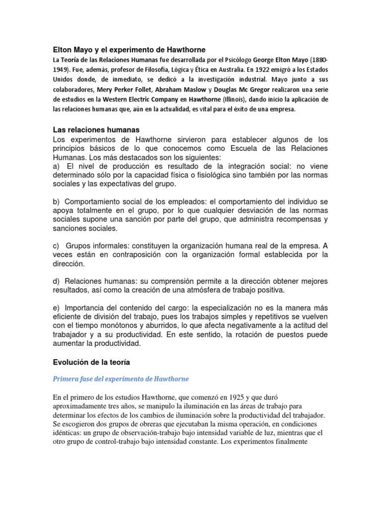 Elton Mayo y El Experimento de Hawthorne